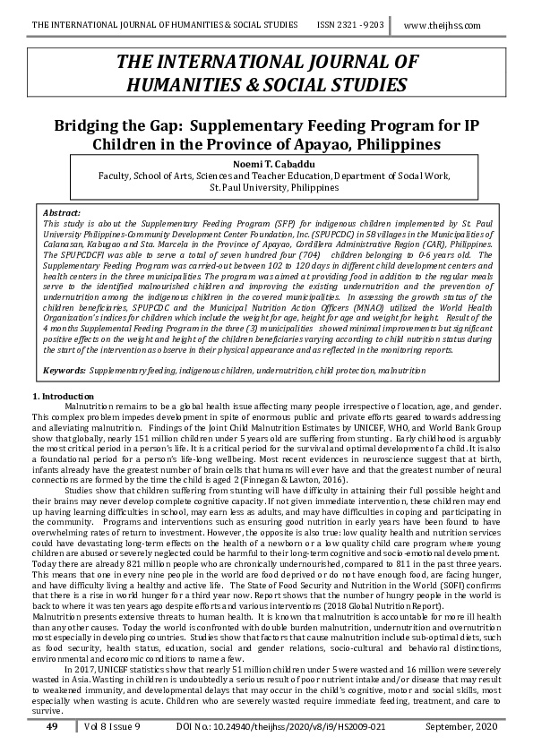 (PDF) Bridging the Gap: Supplementary Feeding Program for IP Children in the Province of Apayao ...