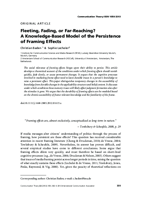 (PDF) Fleeting, Fading, or Far-Reaching? A Knowledge-Based Model of the Persistence of Framing ...