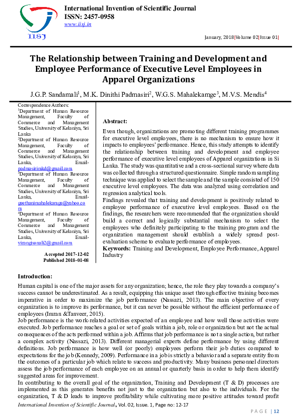 (PDF) The Relationship between Training and Development and Employee Performance of Executive ...