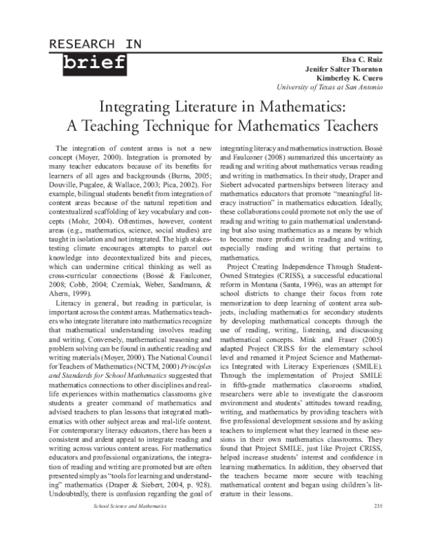 (PDF) Integrating Literature in Mathematics: A Teaching Technique for ...