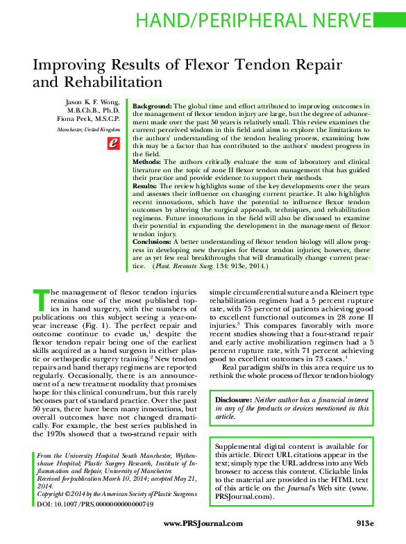 (PDF) Improving Results of Flexor Tendon Repair and Rehabilitation