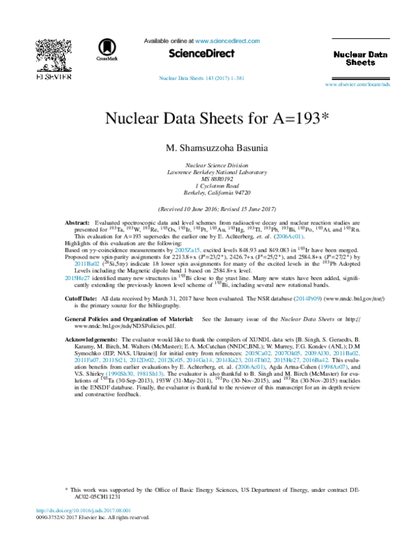 (PDF) Nuclear Data Sheets for A=193 | M Shamsuzzoha Basunia - Academia.edu
