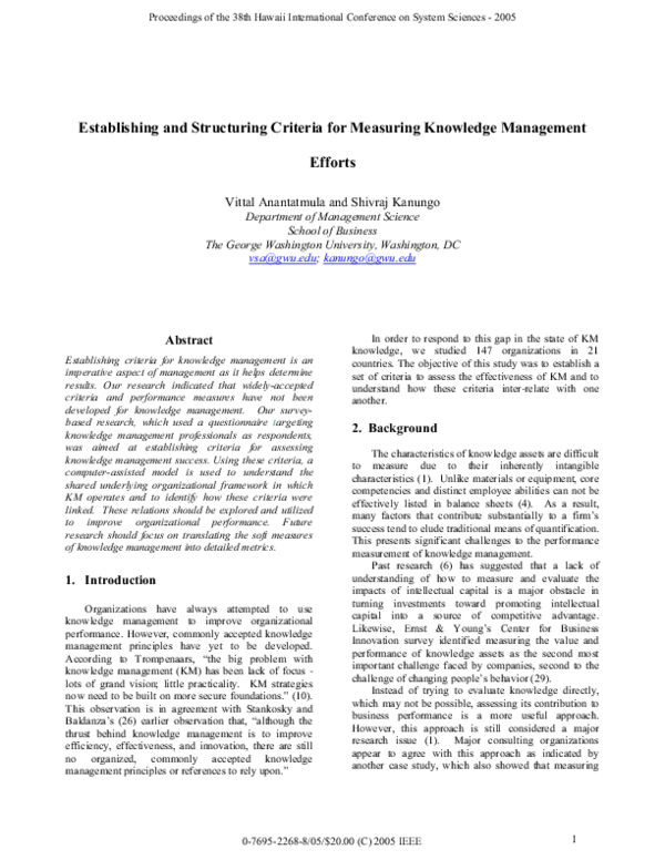 (PDF) Establishing and Structuring Criteria for Measuring Knowledge Management Efforts