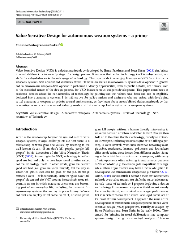 (PDF) Value Sensitive Design for autonomous weapon systems – a primer