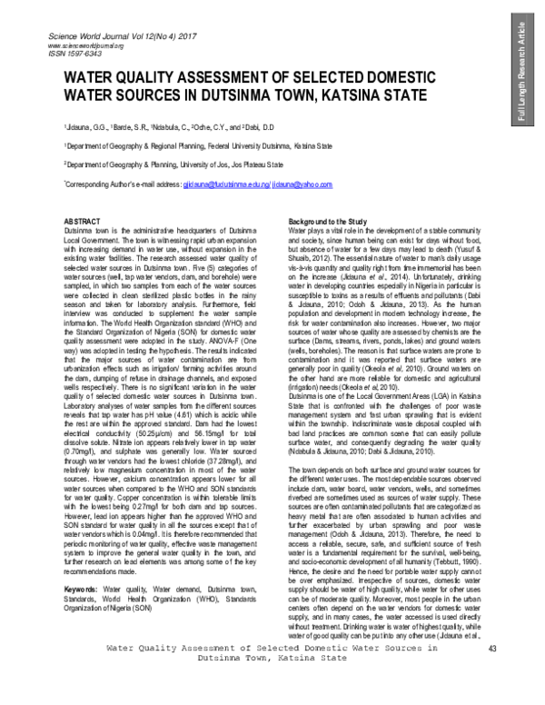 (PDF) Water Quality Assessment of Selected Domestic Water Sources in ...