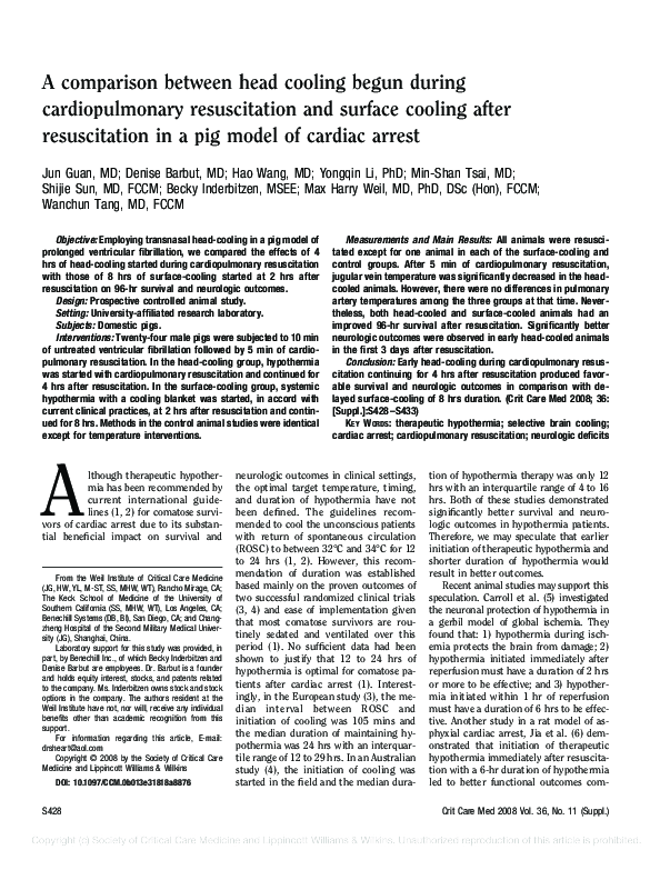 (PDF) A comparison between head cooling begun during cardiopulmonary ...