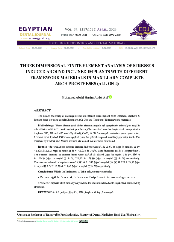 (PDF) Three Dimensional Finite Element Analysis of Stresses Induced Around Inclined Implants ...