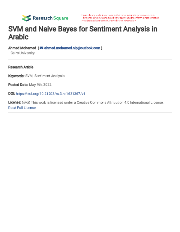 (PDF) SVM and Naive Bayes for Sentiment Analysis in Arabic