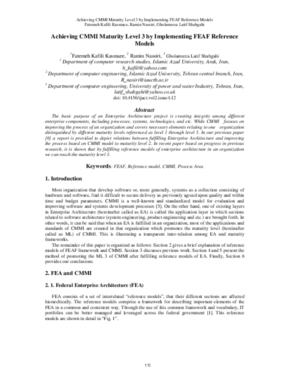 (PDF) Achieving CMMI Maturity Level 3 by Implementing FEAF Reference Models