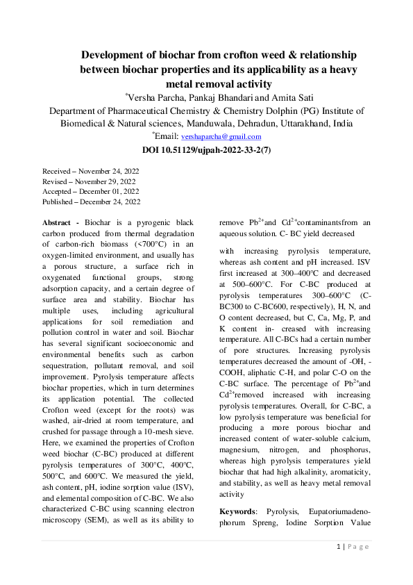 (PDF) Development of biochar from crofton weed & relationship between ...