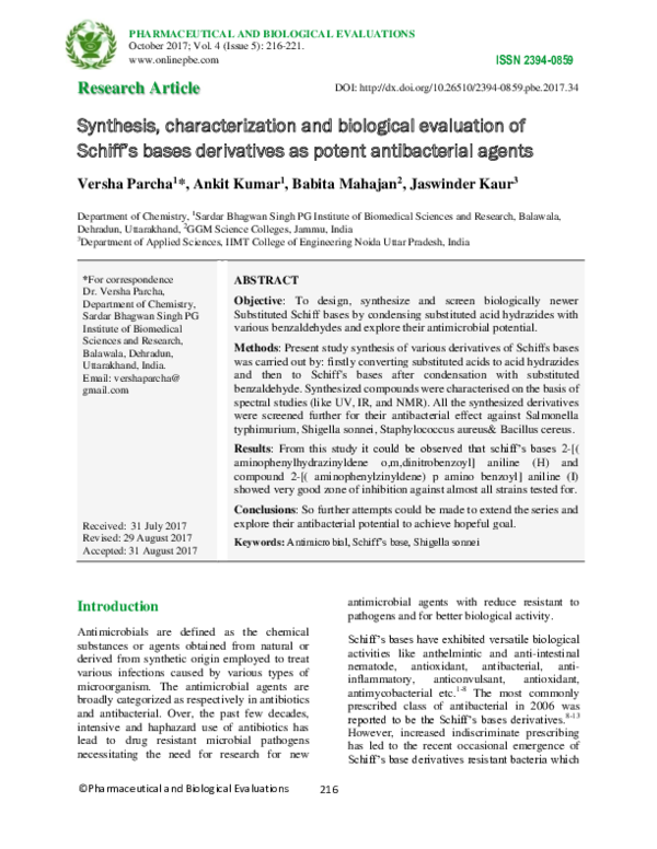 (PDF) Synthesis, characterization and biological evaluation of Schiff’s bases derivatives as ...