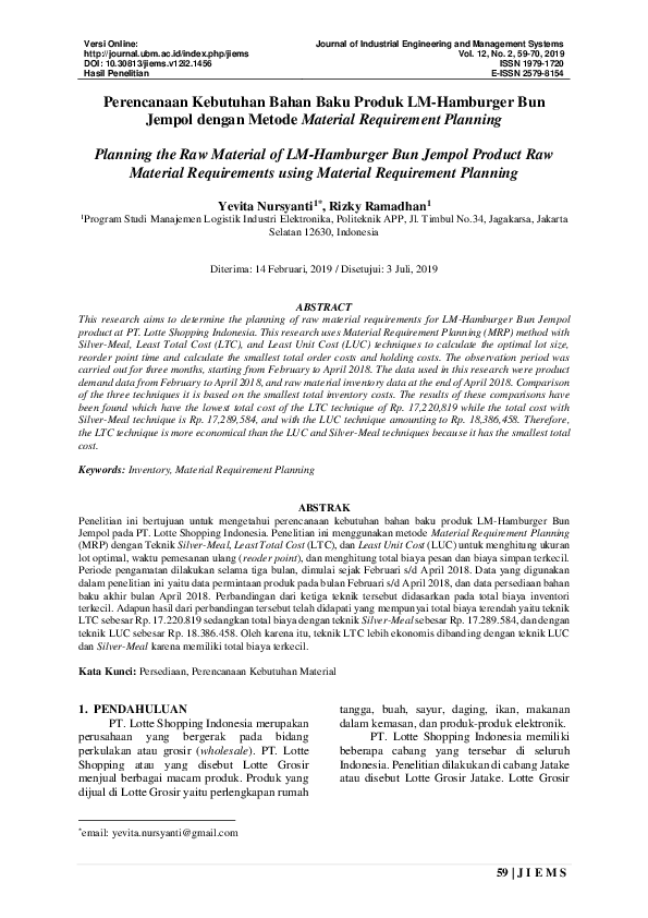 (PDF) Perencanaan Kebutuhan Bahan Baku Produk LM-Hamburger Bun Jempol dengan Metode Material ...