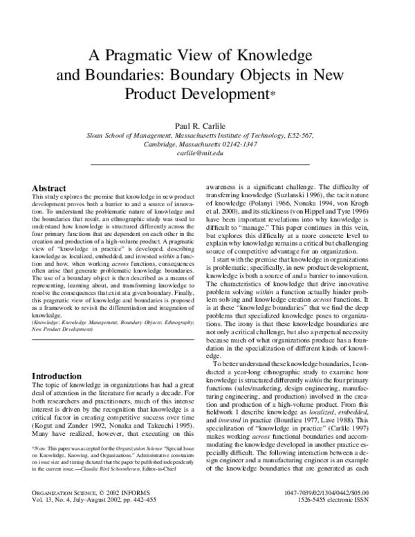 (PDF) A Pragmatic View of Knowledge and Boundaries: Boundary Objects in New Product Development