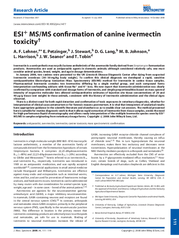 (PDF) ESI + MS/MS confirmation of canine ivermectin toxicity