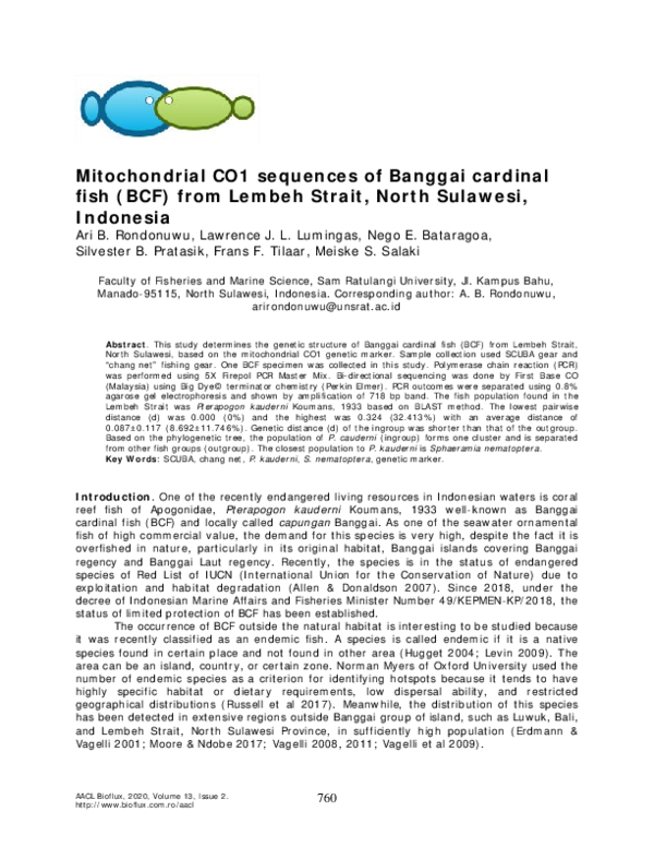 (PDF) Mitochondrial CO1 sequences of Banggai cardinal fish (BCF) from Lembeh Strait, North ...
