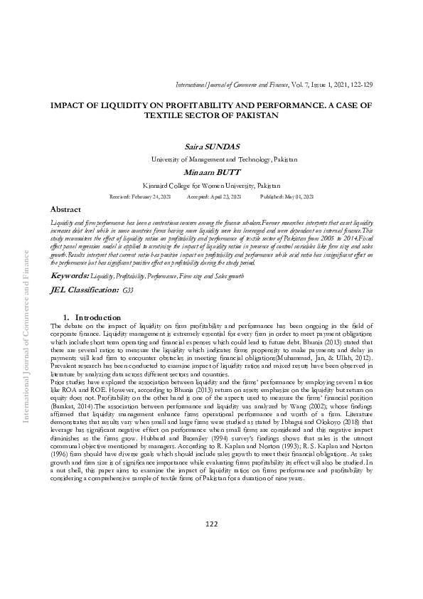 (PDF) Impact of Liquidity on Profitability and Performance: A Case of ...