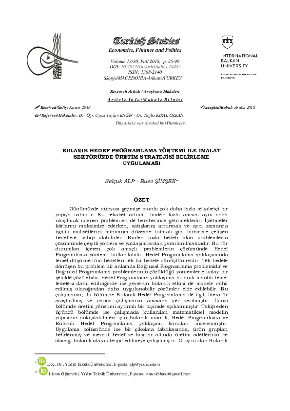 (PDF) Bulanık Hedef Programlama Yöntemi ile İmalat Sektöründe Üretim Stratejisi Belirl | Selcuk ...