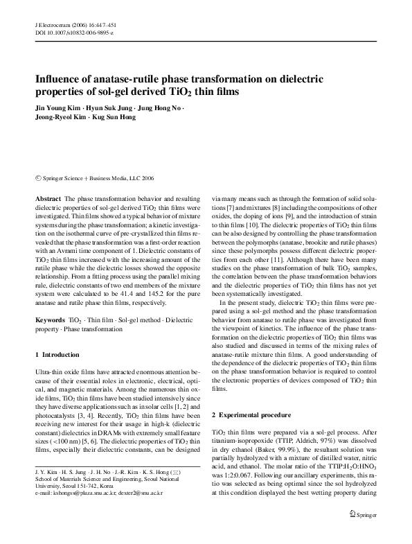 (PDF) Influence of Anatase–Rutile Phase Transformation on Dielectric Properties of Sol–Gel ...
