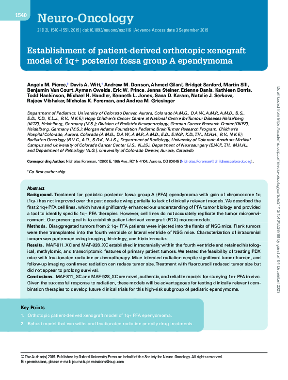 (PDF) Establishment of patient-derived orthotopic xenograft model of 1q ...