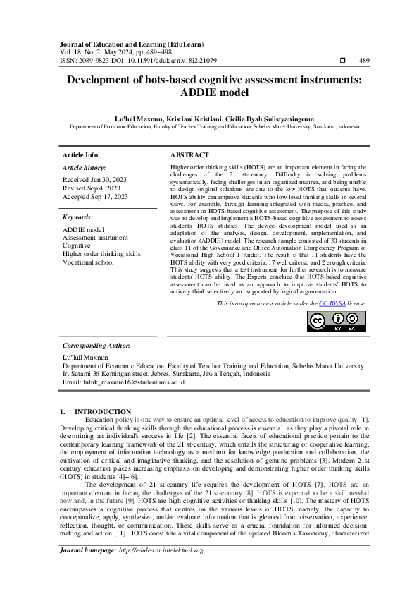 (PDF) Development of hots-based cognitive assessment instruments: ADDIE model
