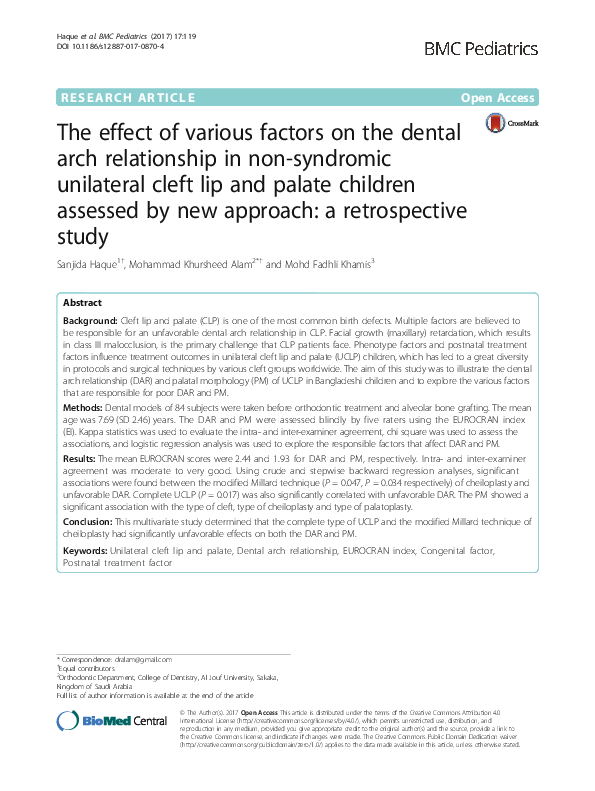 (PDF) The effect of various factors on the dental arch relationship in non-syndromic unilateral ...