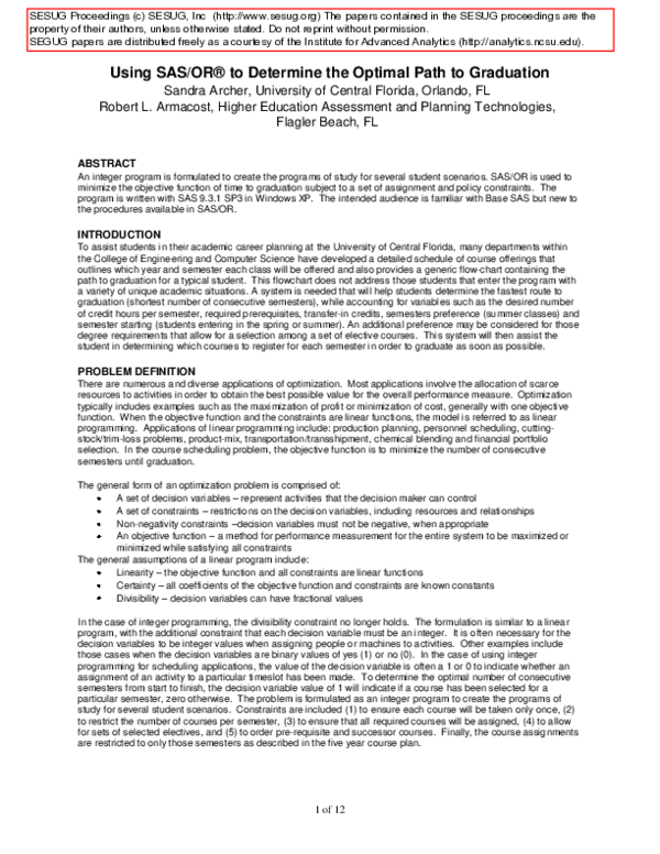 (PDF) Using SAS/OR® to Determine the Optimal Path to Graduation
