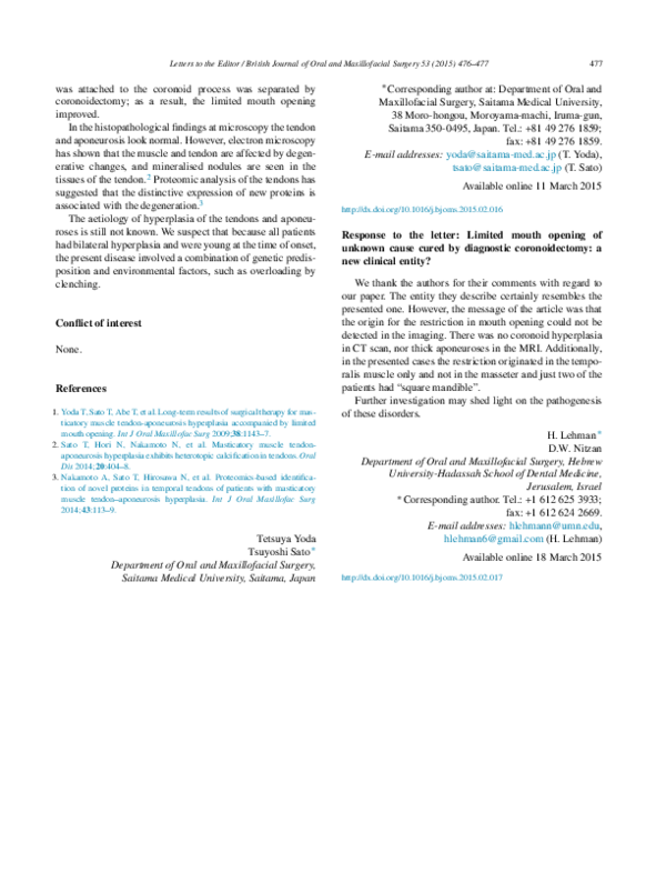 (PDF) Response to the letter: Limited mouth opening of unknown cause ...