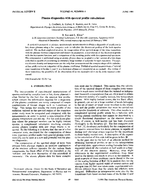 (PDF) Plasma diagnostics with spectral profile calculations