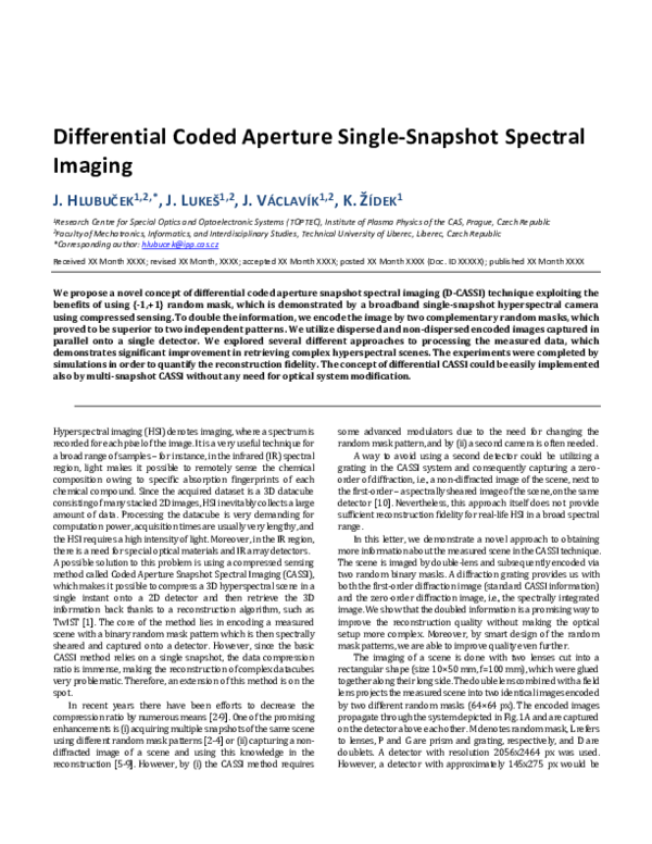 (PDF) Differential Coded Aperture Single-Snapshot Spectral Imaging