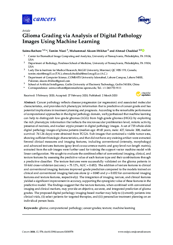 Glioma Grading via Analysis of Digital Pathology Images Using Machine Learning