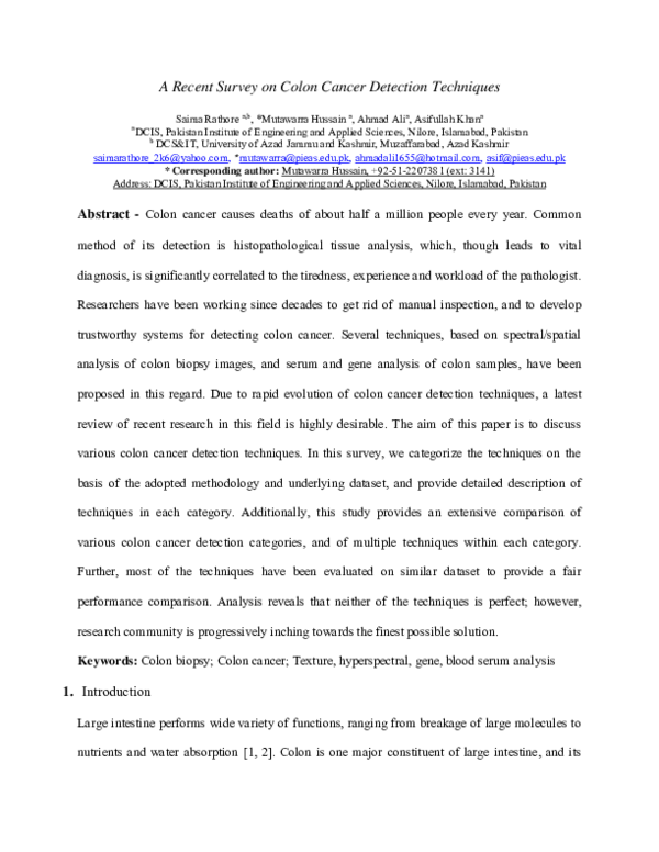 (PDF) A Recent Survey on Colon Cancer Detection Techniques | Saima ...