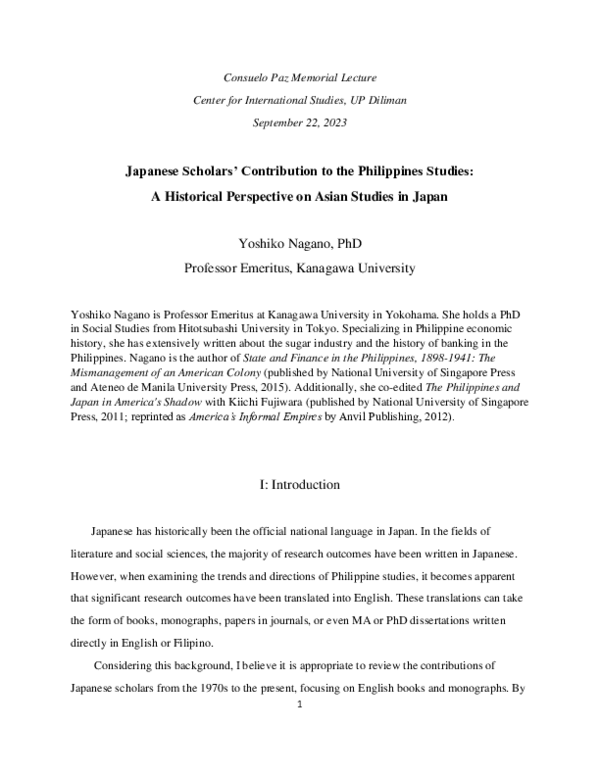 (PDF) Japanese Scholars' Contribution to the Philippines Studies: A ...