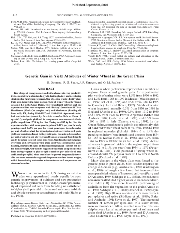 (PDF) Genetic Gain in Yield Attributes of Winter Wheat in the Great Plains