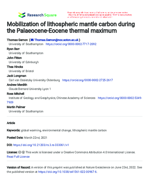 (PDF) Mobilization of lithospheric mantle carbon during the Palaeocene ...