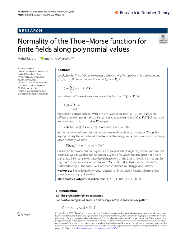 (PDF) Normality of the Thue–Morse function for finite fields along polynomial values
