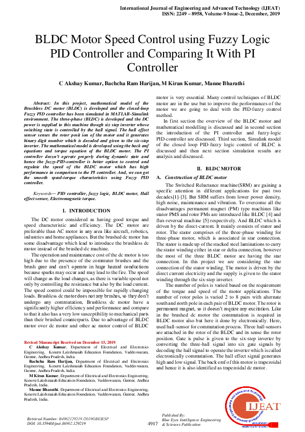 (PDF) BLDC Motor Speed Control using Fuzzy Logic PID Controller and Comparing It With PI Controller