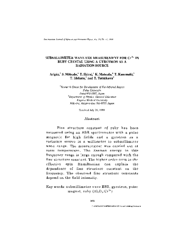 (PDF) Submillimeter Wave ESR Measurement for Cr 3+ in Ruby Crystal ...
