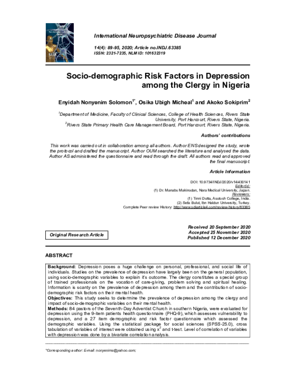 (PDF) Socio-demographic Risk Factors in Depression among the Clergy in Nigeria | Sokiprim Akoko ...