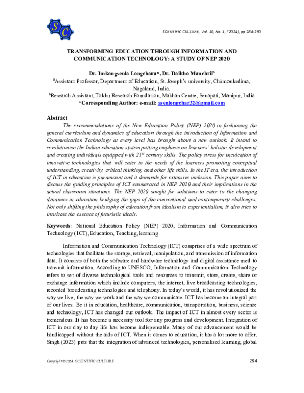 (PDF) TRANSFORMING EDUCATION THROUGH INFORMATION AND COMMUNICATION ...