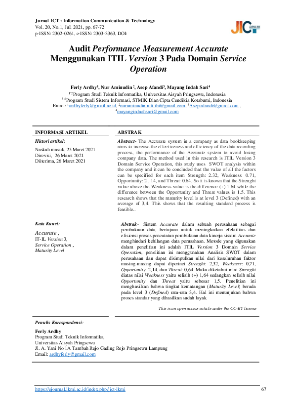 (PDF) Audit Performance Measurement Accurate Menggunakan ITIL Version 3 pada Domain Service ...
