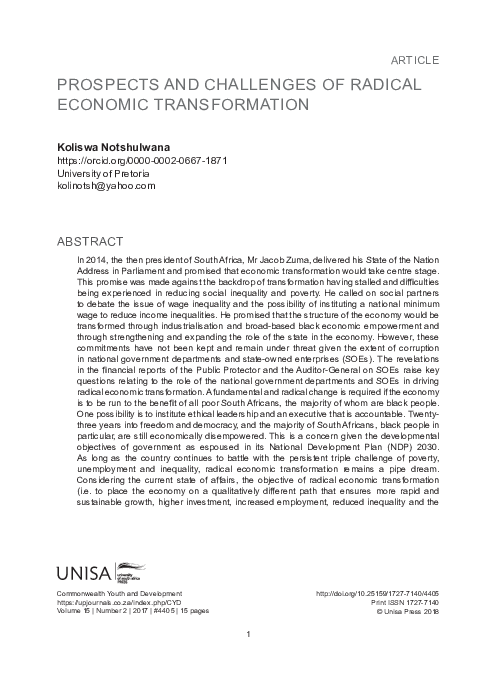 (PDF) Prospects and Challenges of Radical Economic Transformation