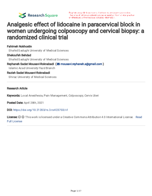(PDF) Analgesic effect of lidocaine in paracervical block in women ...
