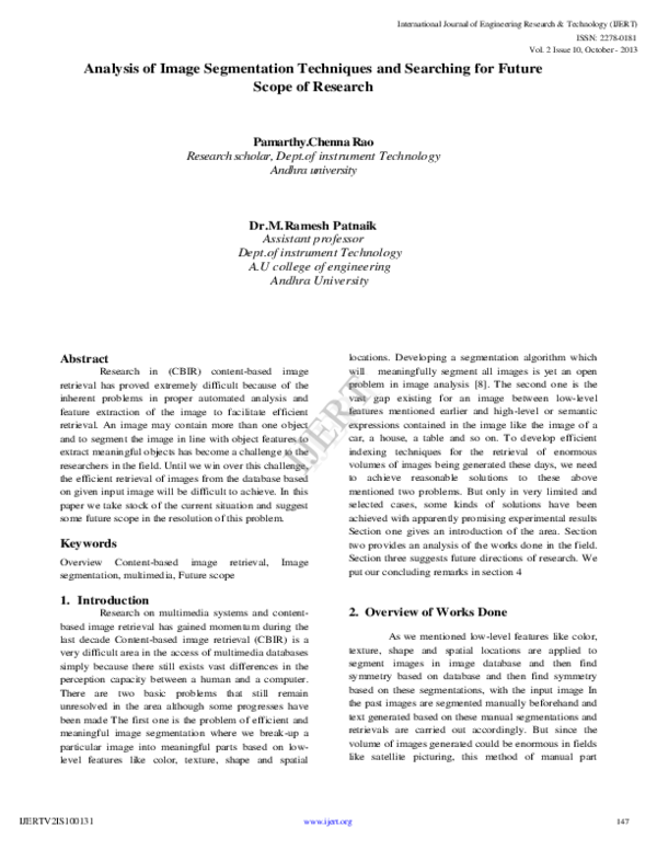 (PDF) Analysis of Image Segmentation Techniques and Searching for Future Scope of Research