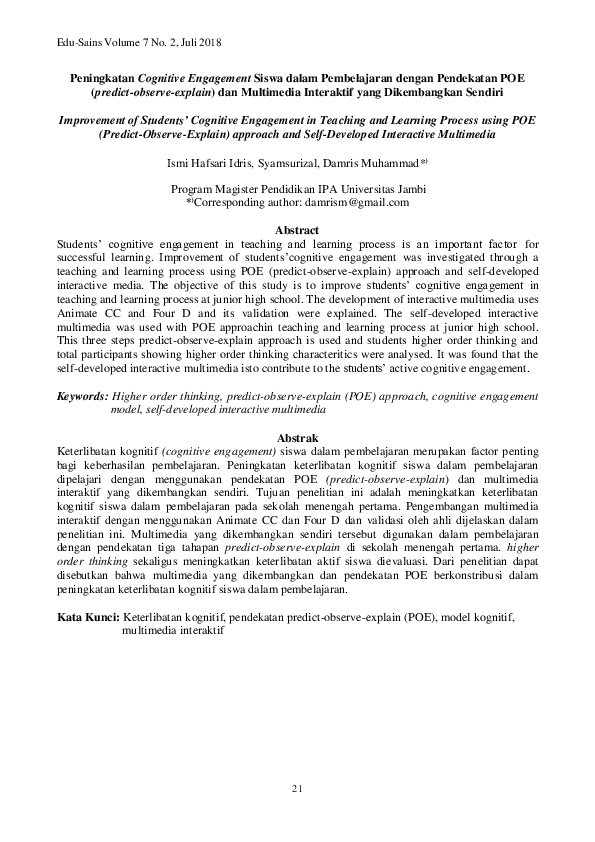 (PDF) Peningkatan Cognitive Engagement Siswa dalam Pembelajaran dengan Pendekatan POE (predict ...