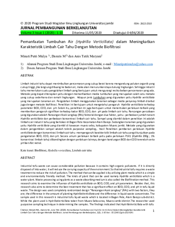 (PDF) Pemanfaatan Tumbuhan Air (Hydrilla Verticillata) dalam Meningkatkan Karakteristik Limbah ...