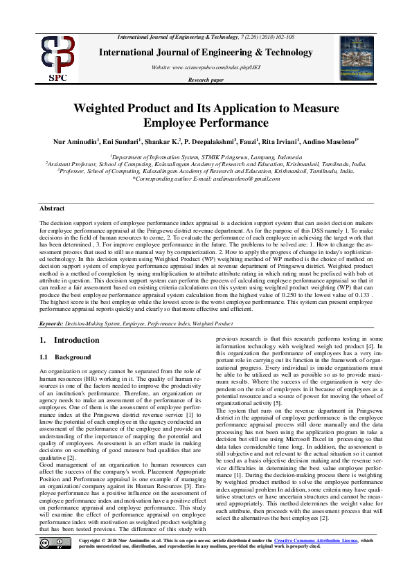 (PDF) Weighted Product and Its Application to Measure Employee Performance