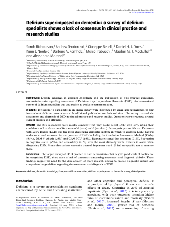 (PDF) Delirium superimposed on dementia: a survey of delirium ...