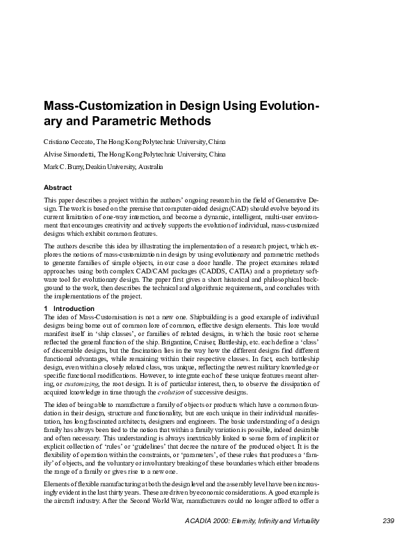 (PDF) Mass-Customization in Design Using Evolutionary and Parametric Methods