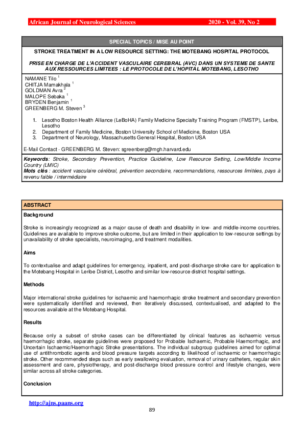 (PDF) Stroke treatment in a low resource setting: The Motebang hospital ...