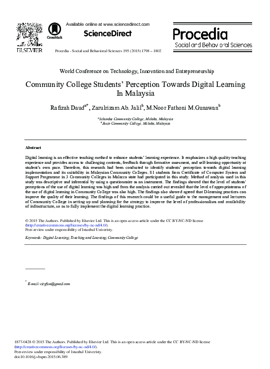 (PDF) Community College Students’ Perception Towards Digital Learning In Malaysia